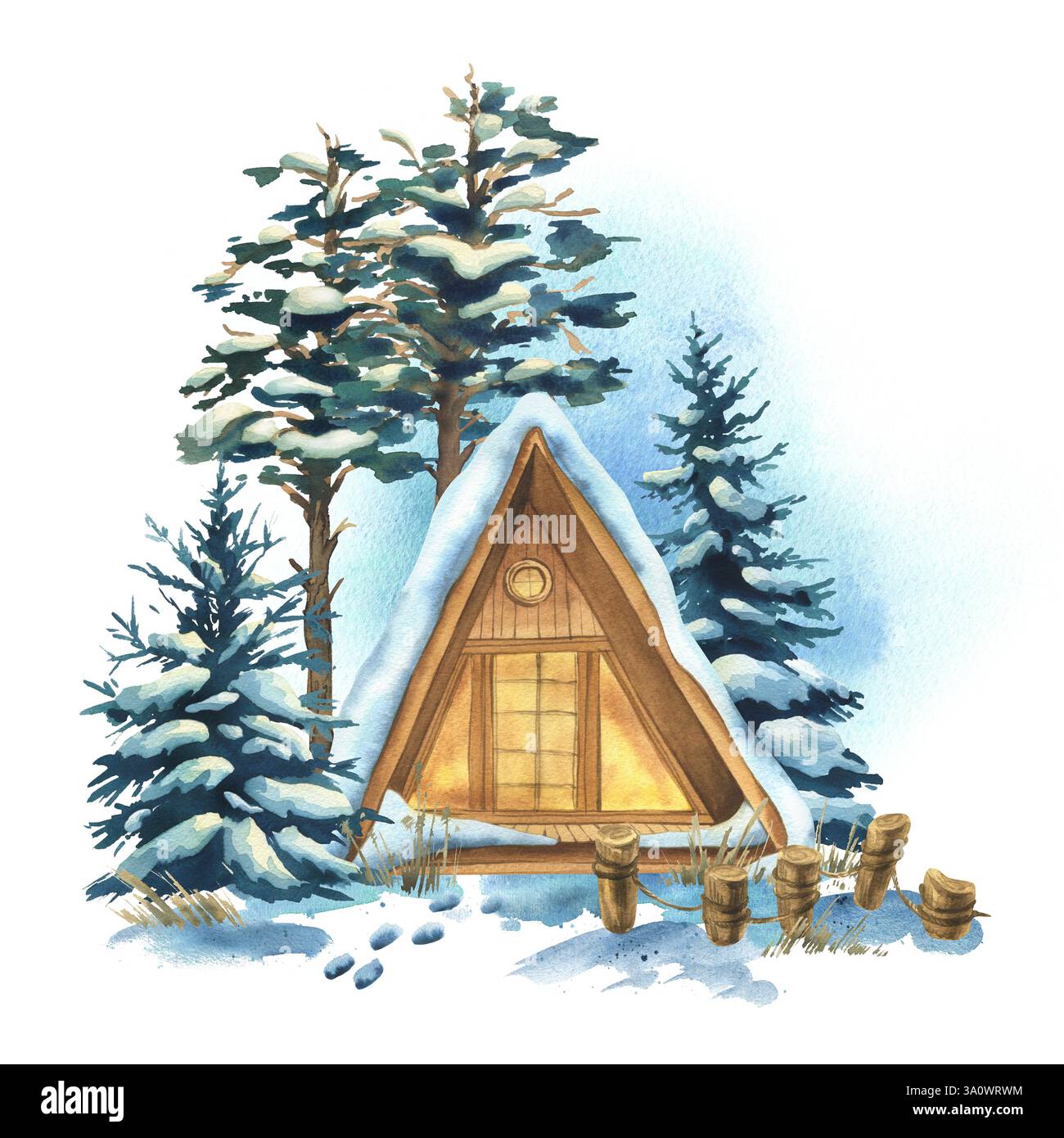 Winter landscape in the forest with a wooden triangular house, trees ...