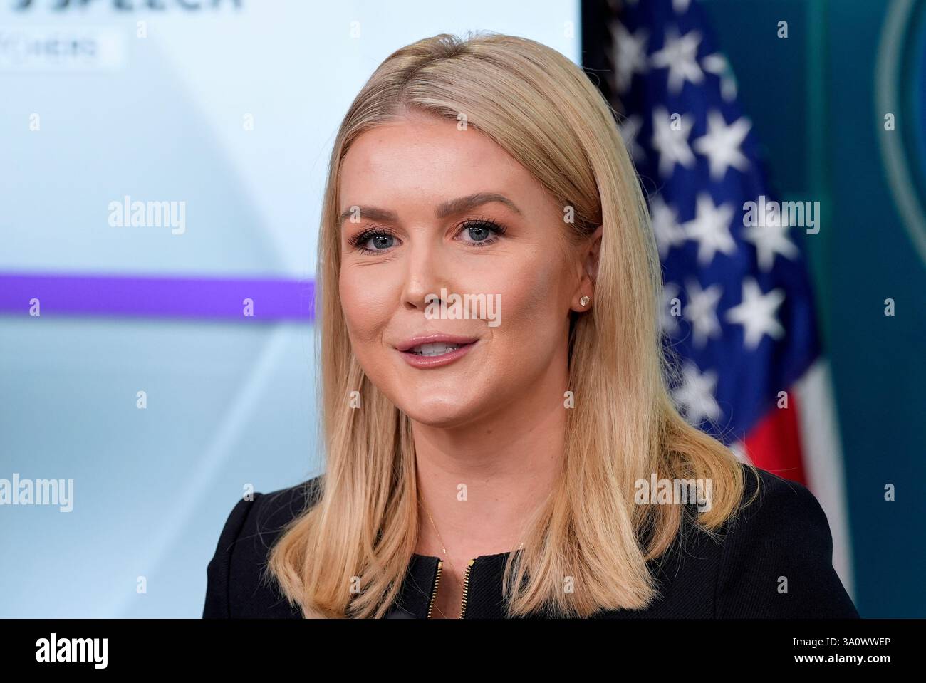 White House press secretary Karoline Leavitt speaks with reporters in the James Brady Press ...