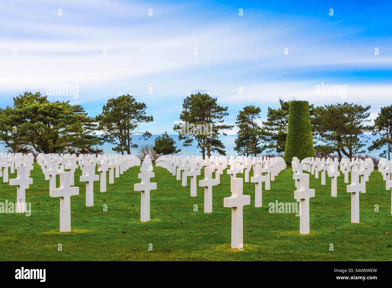 Rows of white cross grave markers dotted with manicured hedges in the ...