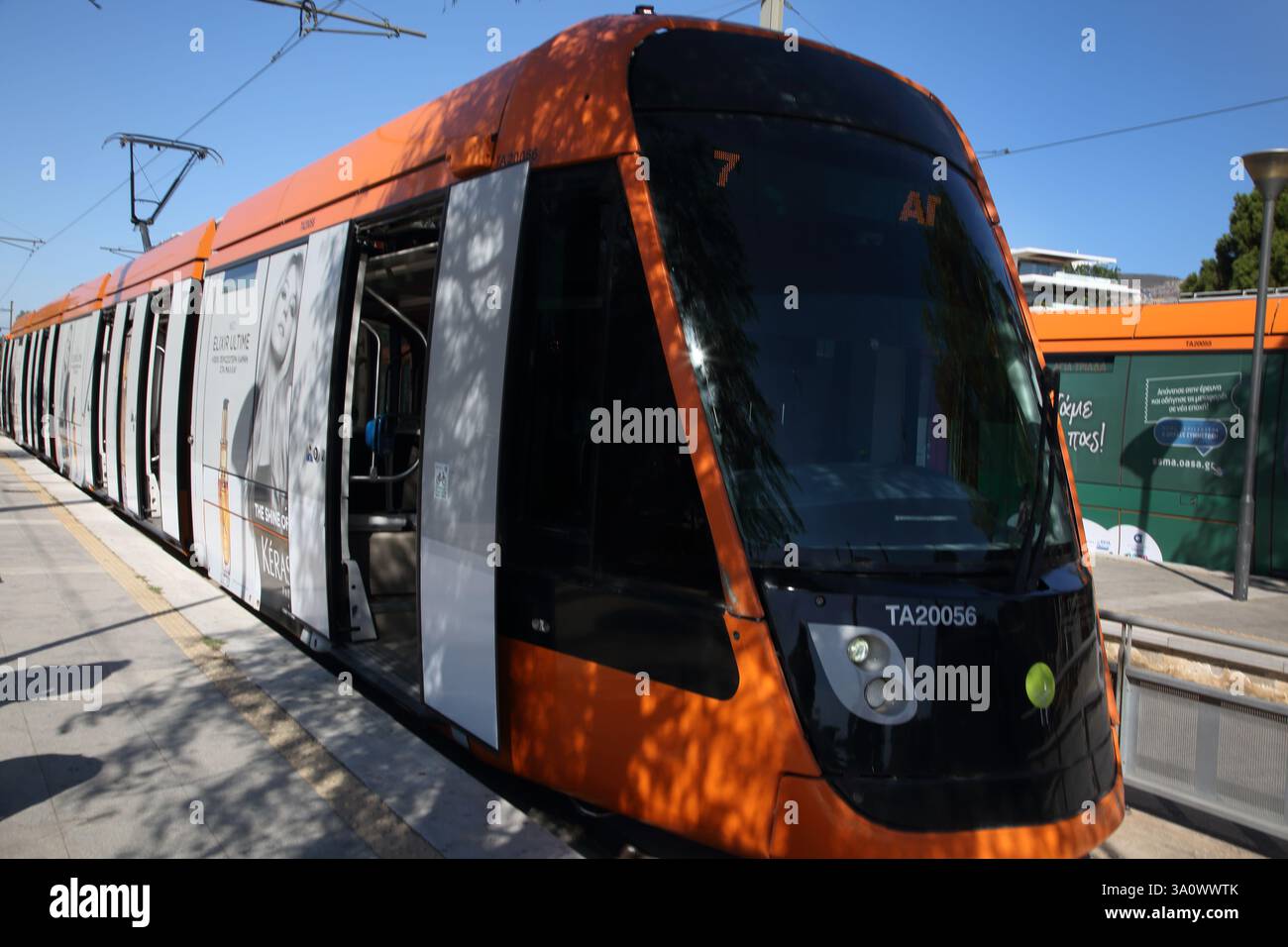 Tram at Fixed Station Vouliagmeni Athens Attica Greece Stock Photo - Alamy