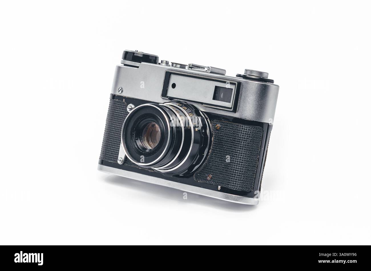 Classic silver and black film camera on white background vintage Stock ...