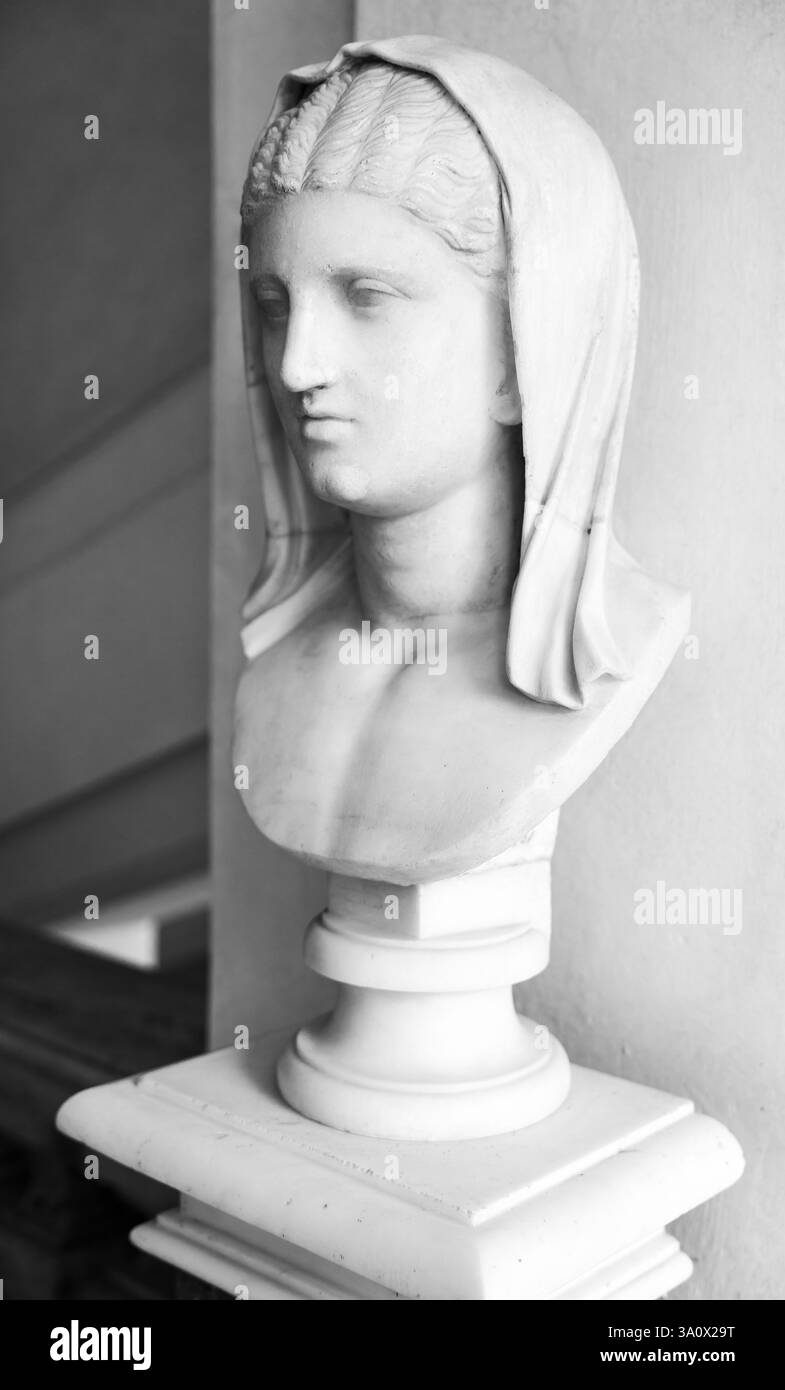 Black and white photo of ancient marble bust portraiting a roman mature ...