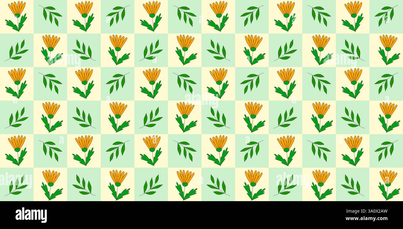 Seamless pattern with orange calendula flowers and green branches on checked yellow and light ...
