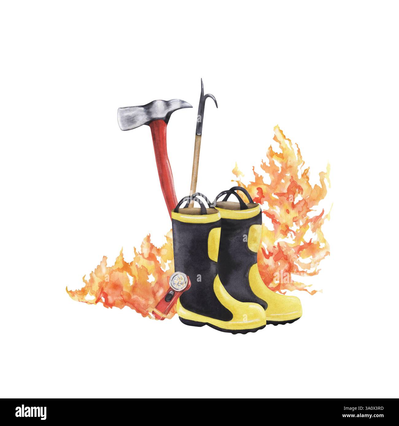 Firefighter equipment with yellow boots, an axe, a pike pole, fire ...