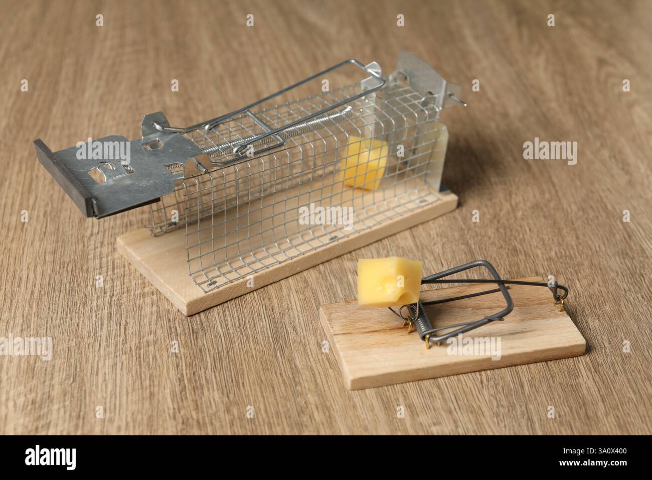 Two different mouse traps with bait on floor, closeup Stock Photo - Alamy