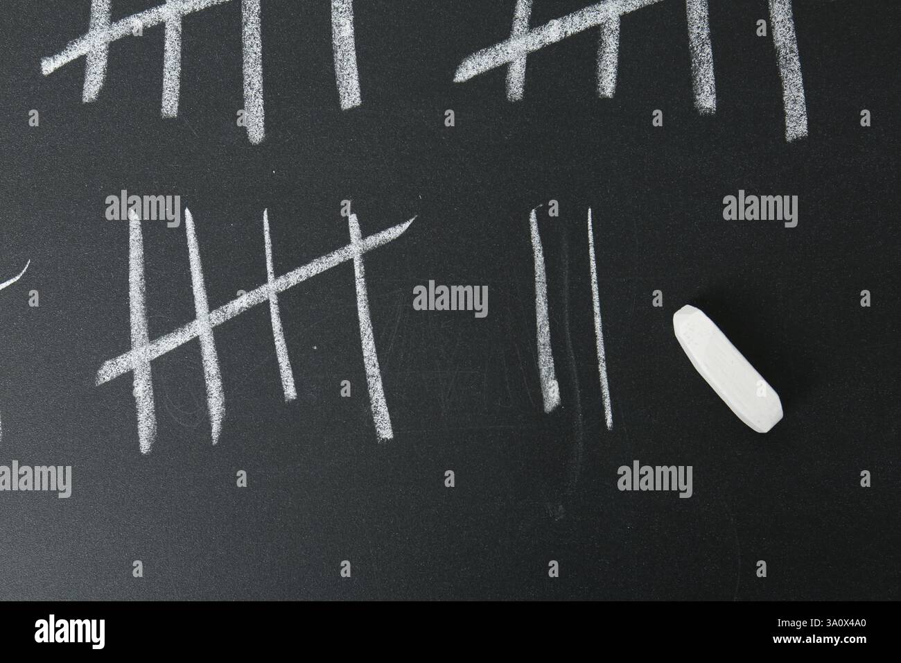 Counting days by drawing sticks with chalk on blackboard, top view ...