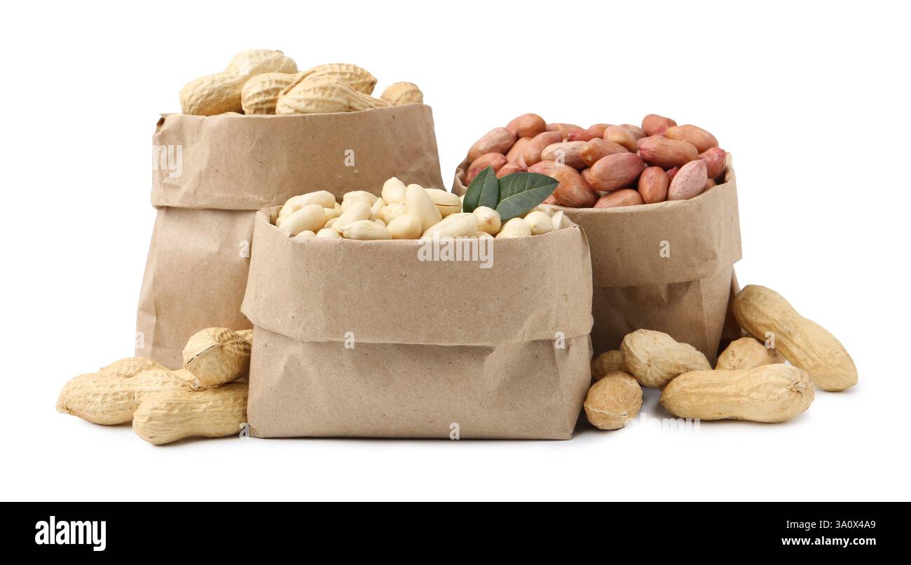 Different peanuts in paper bags isolated on white Stock Photo - Alamy
