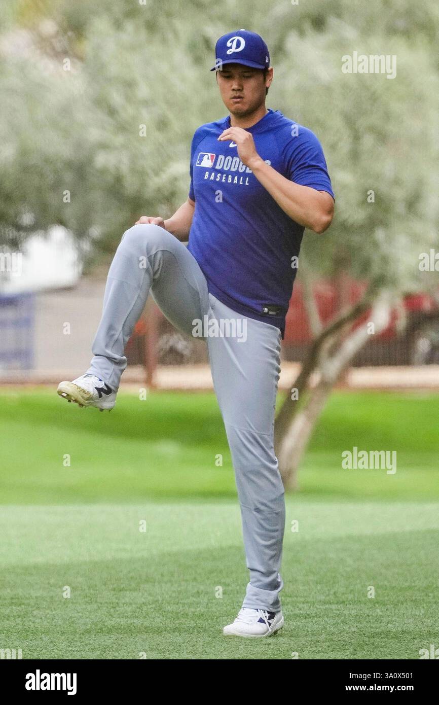 Los Angeles Dodgers' Shohei Ohtani warms up during spring training ...