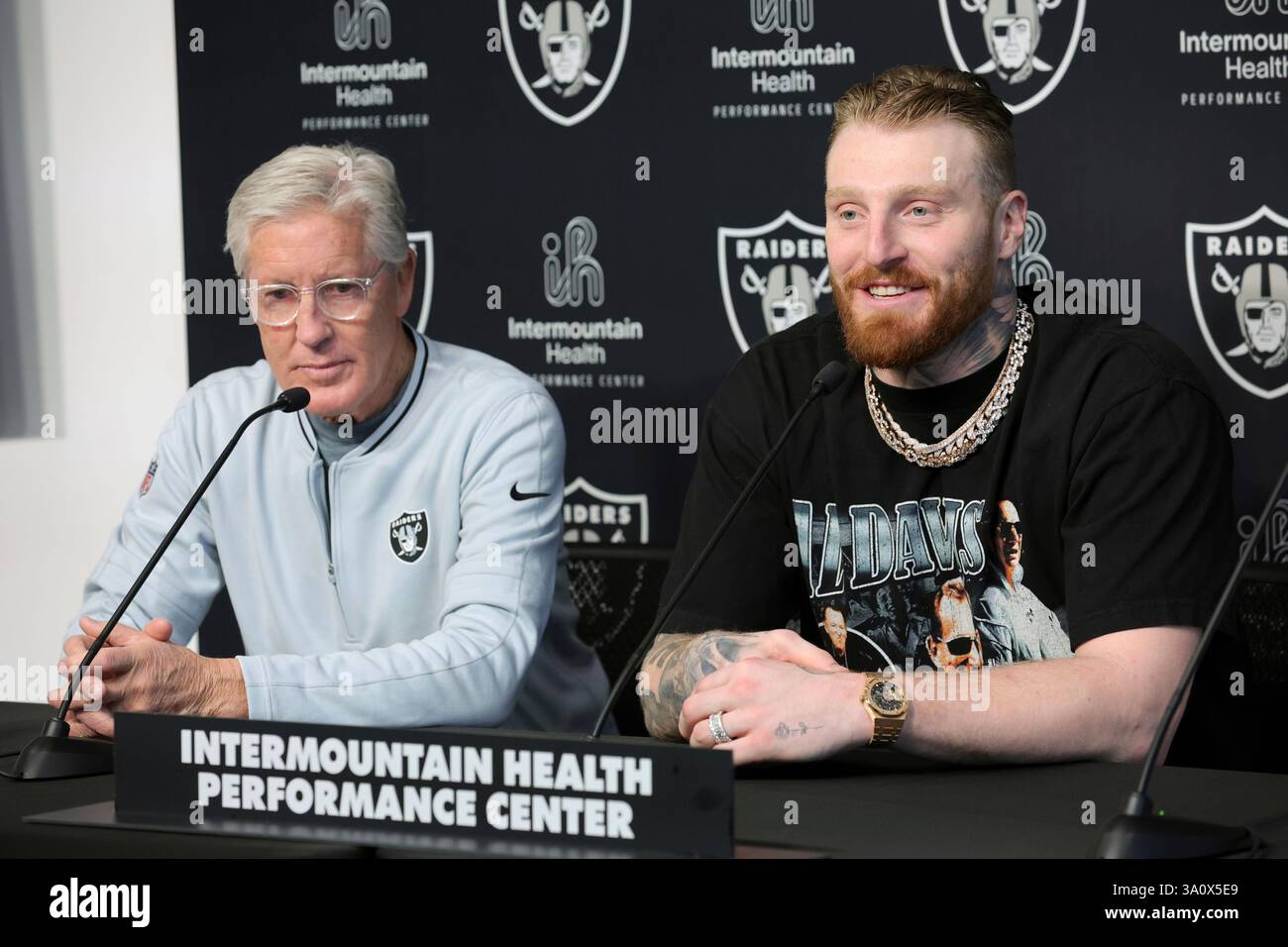 Las Vegas Raiders defensive end Maxx Crosby, right, speaks alongside ...