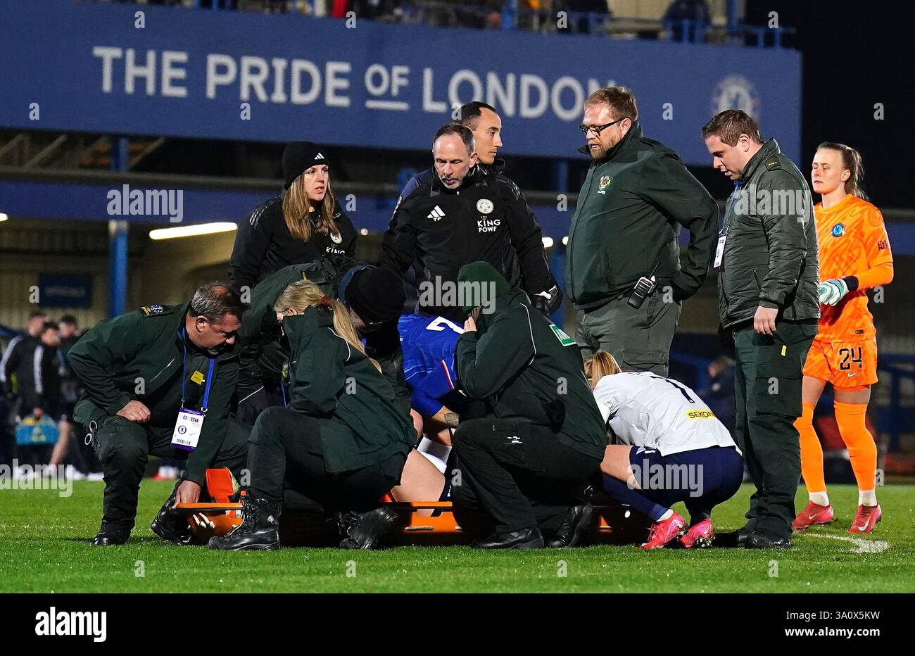 Leicester City's Ruby Mace is placed onto a stretcher following a ...