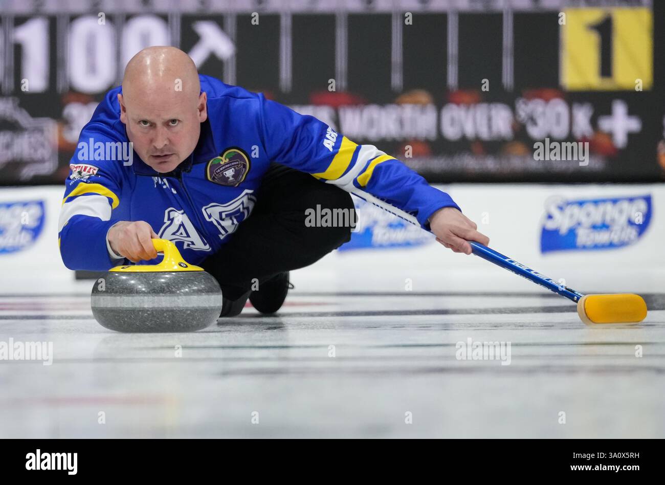 Kelowna, Canada. 05th Mar, 2025. Alberta-Koe skip Kevin Koe delivers a ...