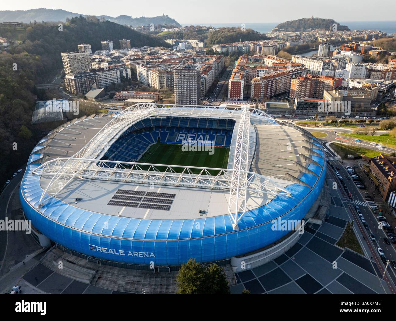 San Sebastian, Spain. 05th Mar, 2025. Aerial Ground View above the ...