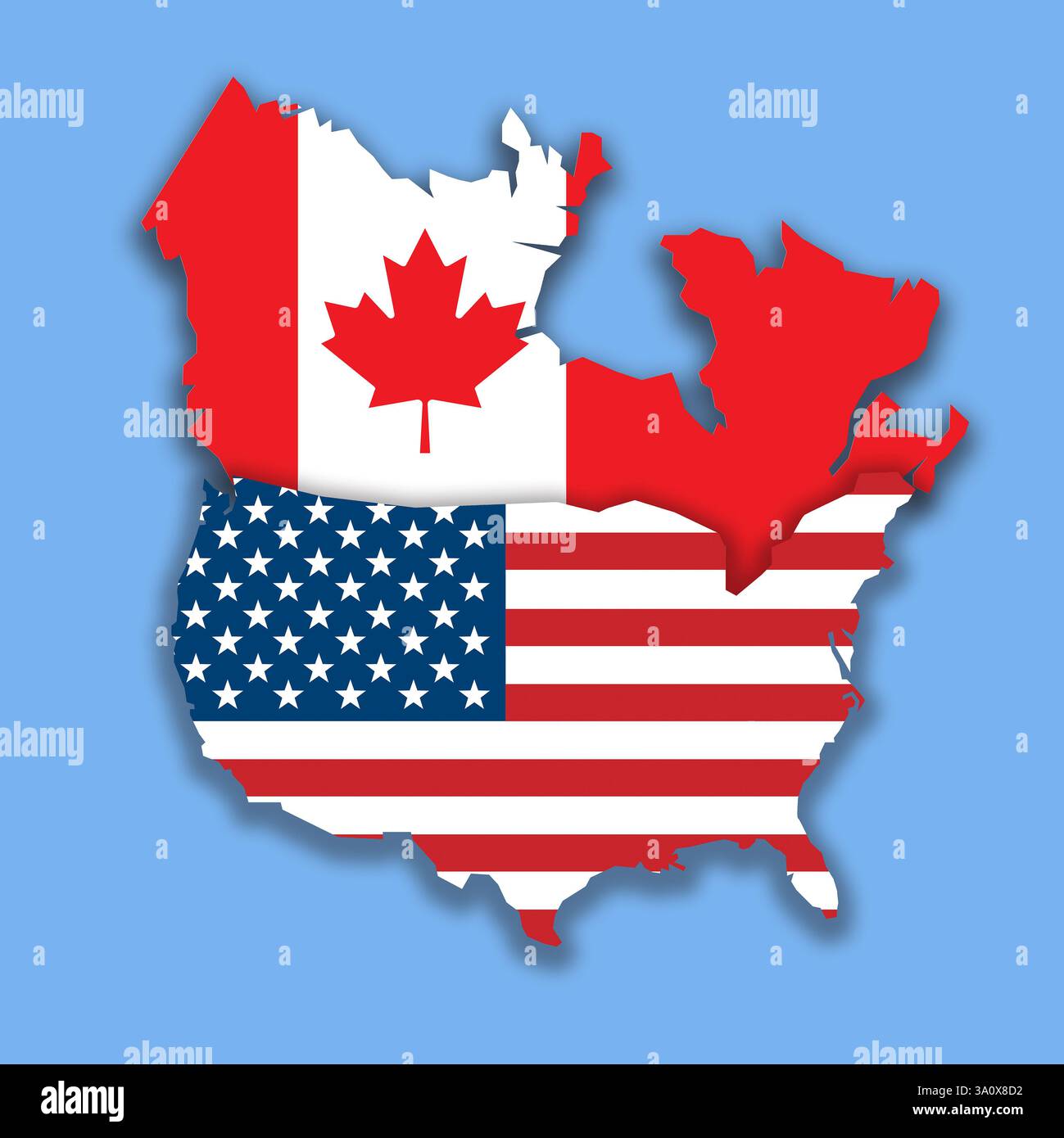 Canada and USA map cut out on blue background with drop shadow effect ...
