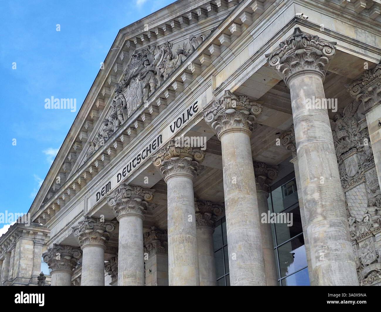 Close up of the entrance of the historic Reichstag building in Berlin ...