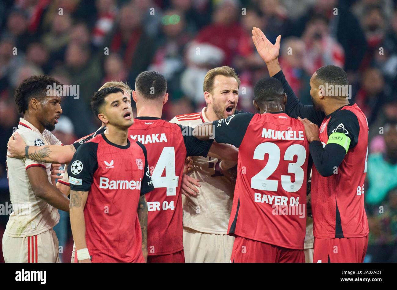 Harry Kane, FCB 9 Kingsley Coman, FCB 11 discuss with Granit Xhaka, Lev ...