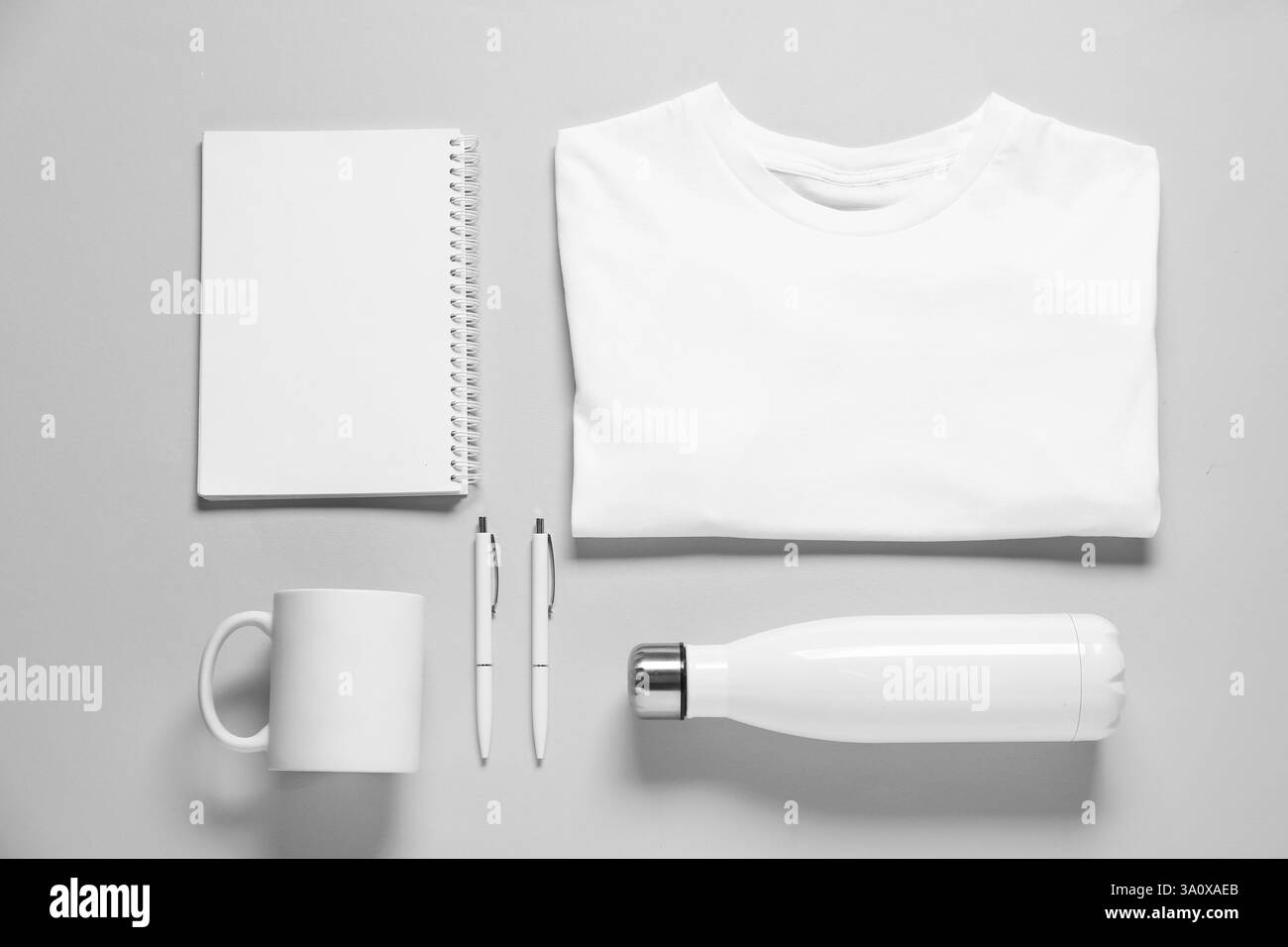 Different blank items for branding on grey background, flat lay. Mockup ...