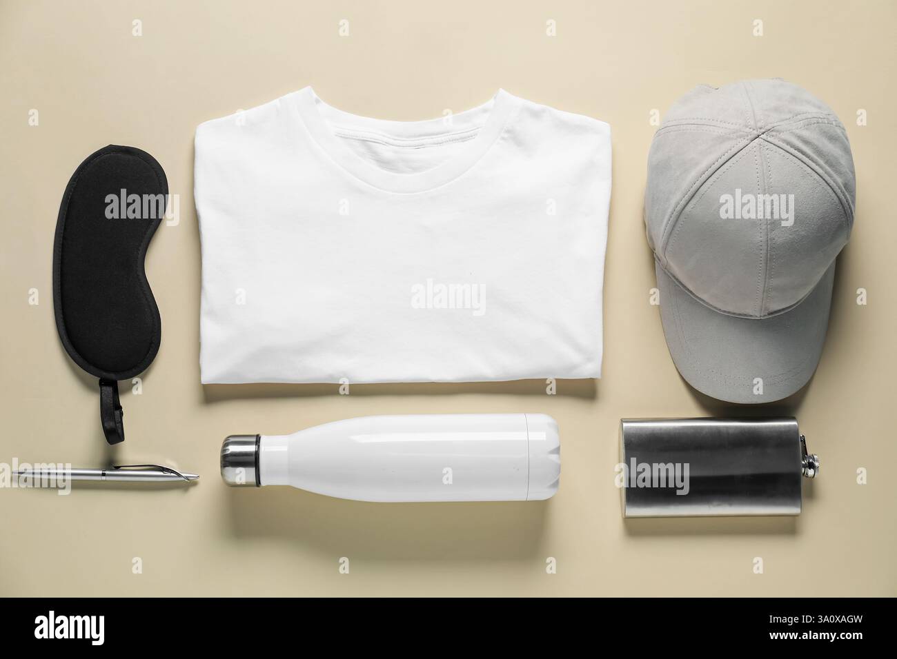 Different blank items for branding on beige background, flat lay ...