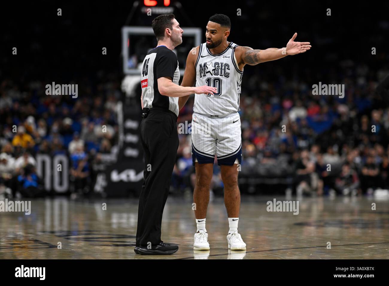 Orlando Magic guard Cory Joseph (10) argues a point with official Ben ...