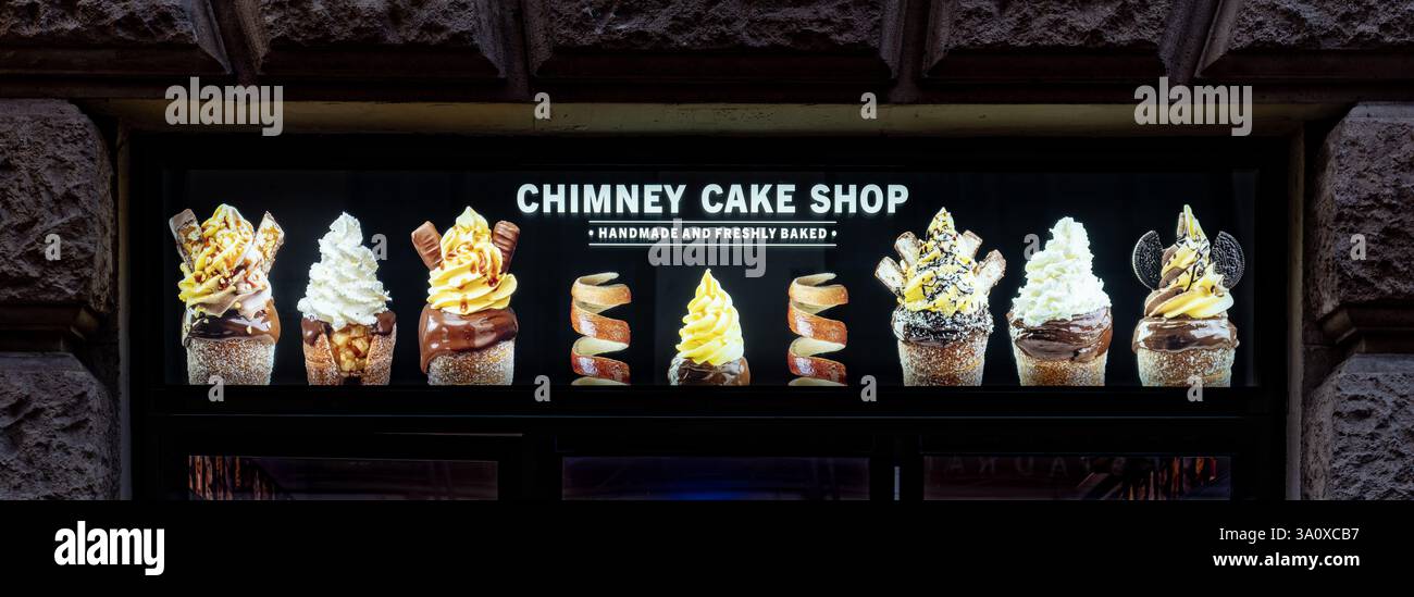 Budapest, Hungary - Feb.1, 2025: Chimney Cake Shop signage. Chimney ...