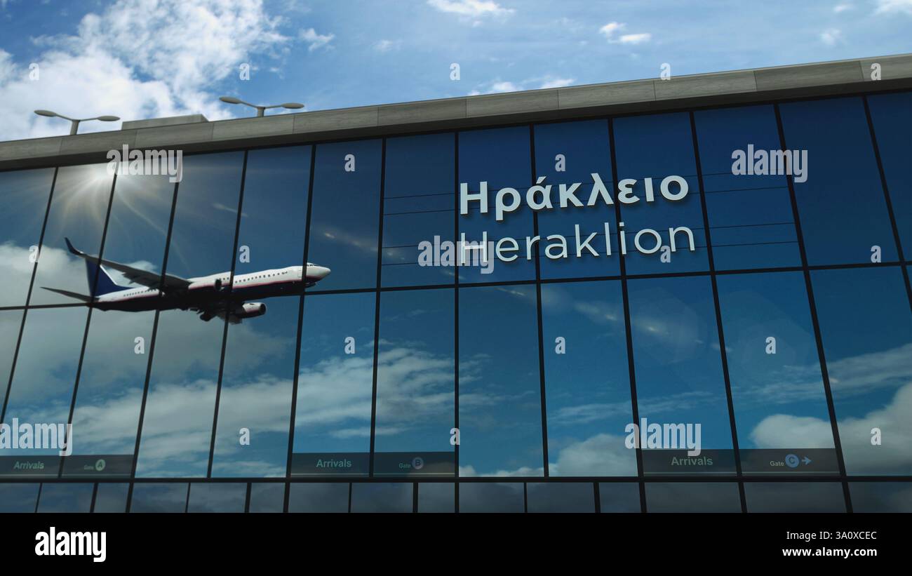 Aircraft landing at Heraklion, Greece, Crete 3D rendering illustration ...