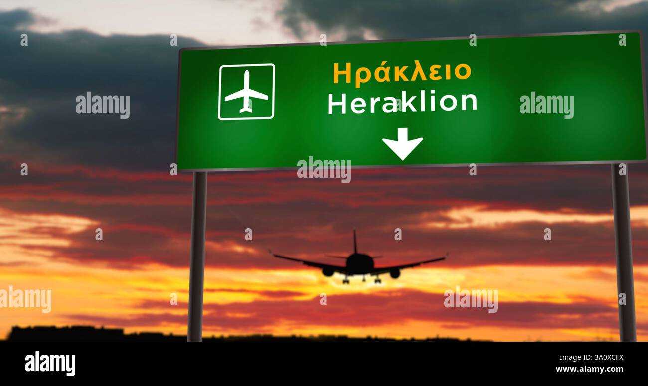 Airplane silhouette landing in Heraklion, Greece, Crete. City arrival ...