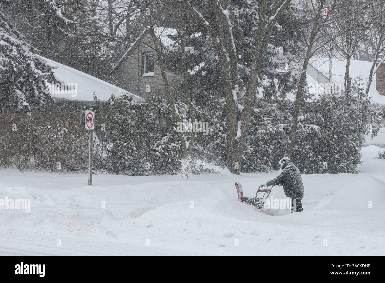 Toronto, ON, Canada - February 27, 2025: A man uses a snow blower to ...