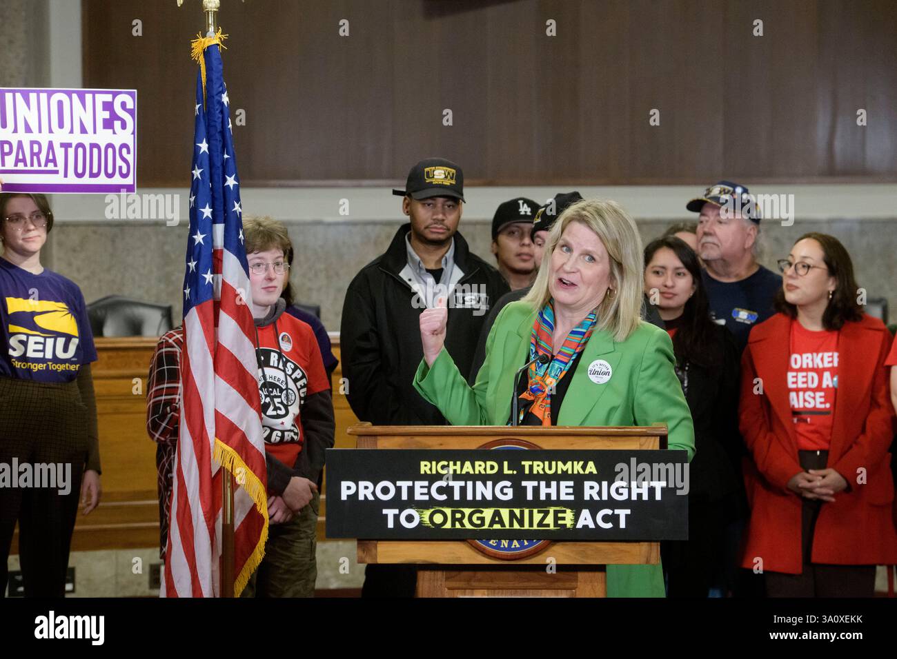 AFL-CIO President Liz Shuler speaks during a news conference on the ...