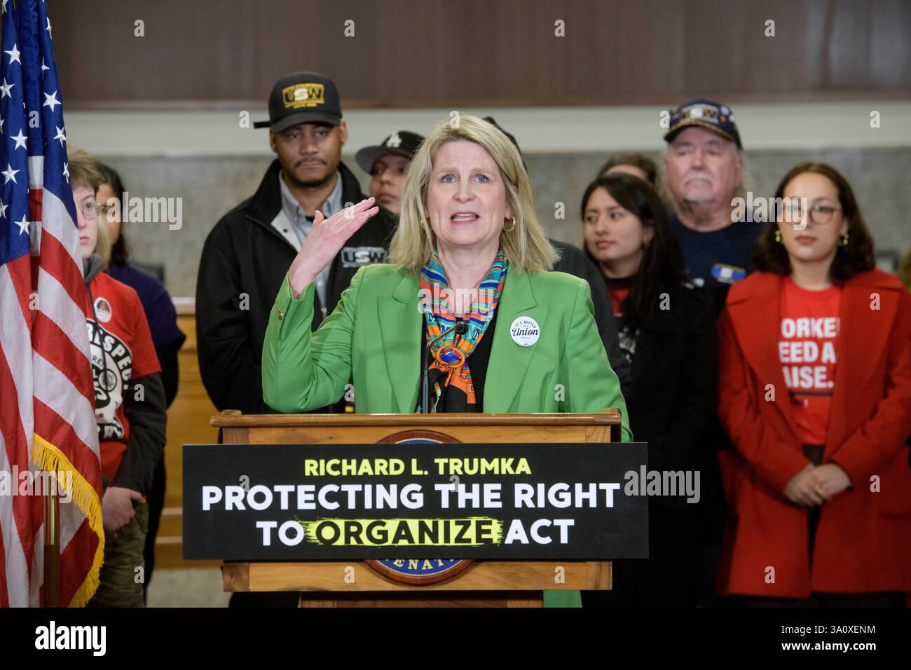 AFL-CIO President Liz Shuler speaks during a news conference on the ...