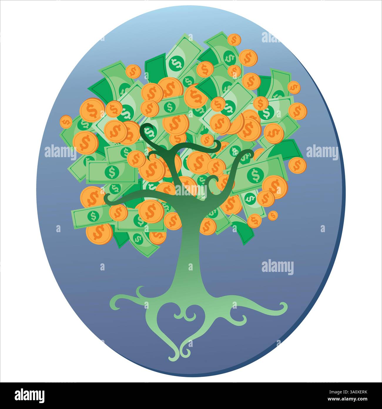 Stylized money tree growing dollar bills and coins representing ...