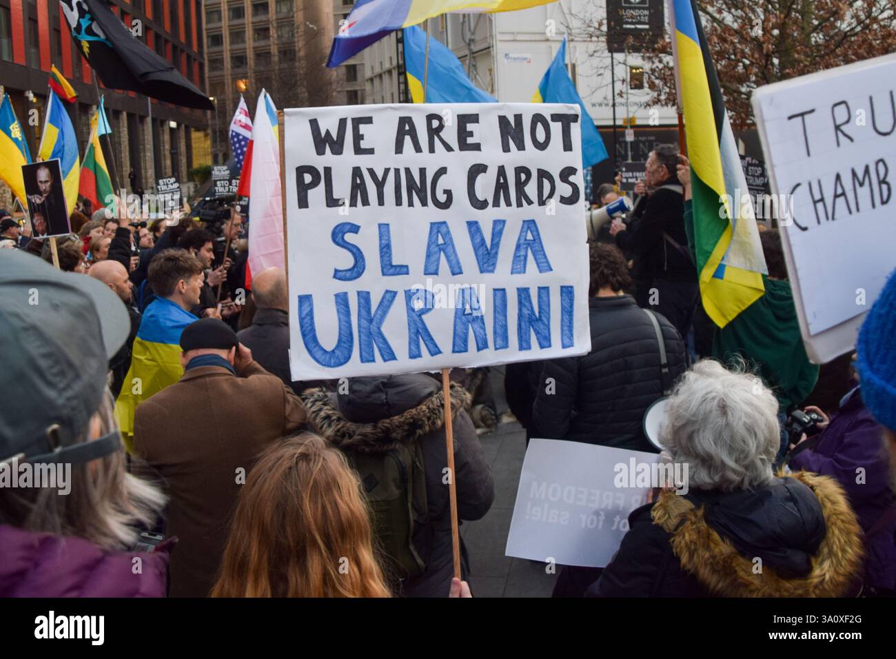 London, UK. 05th Mar, 2025. A protester holds a placard stating 'We are ...