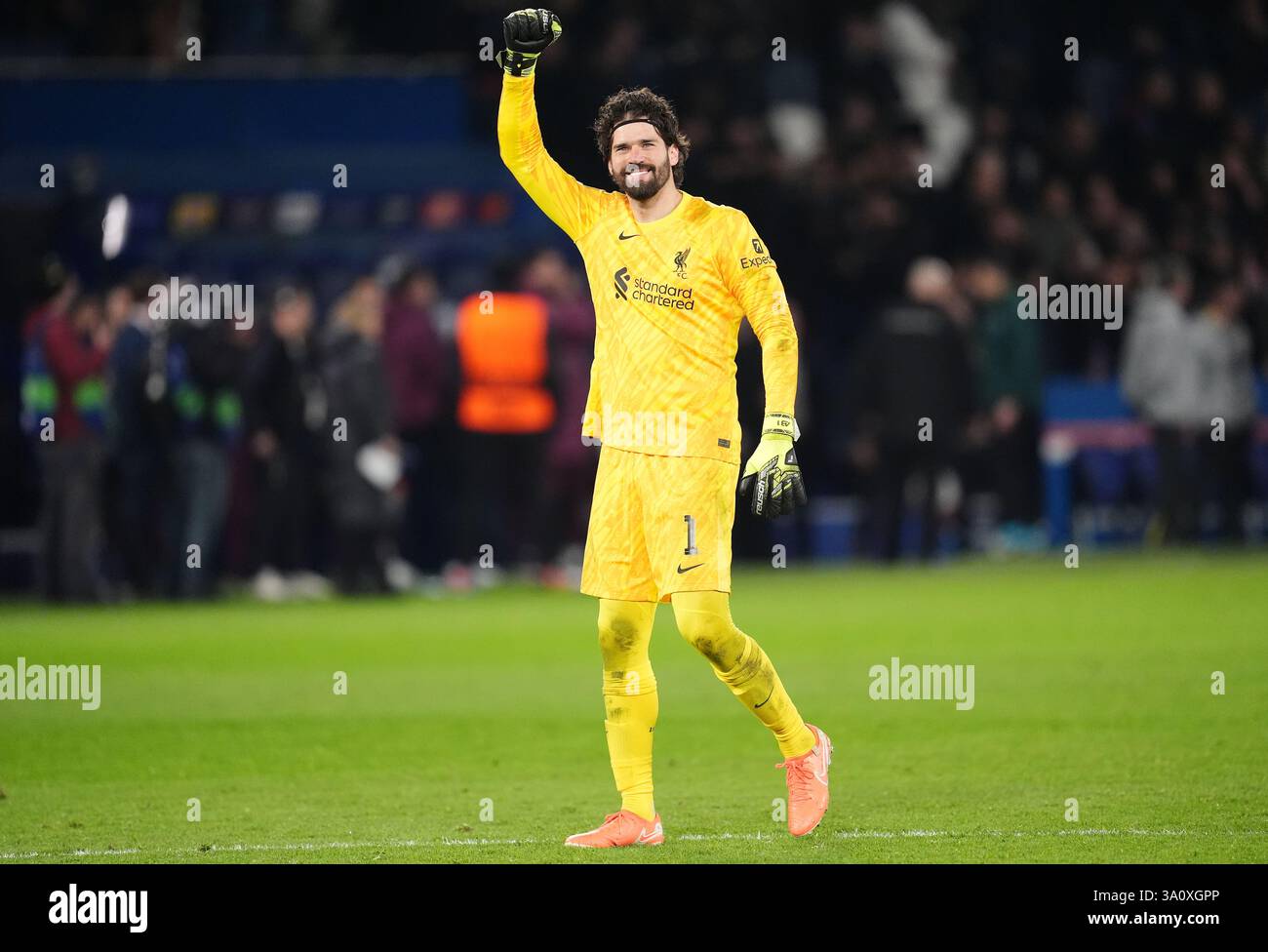 Liverpool goalkeeper Alisson Becker celebrates after the UEFA Champions ...