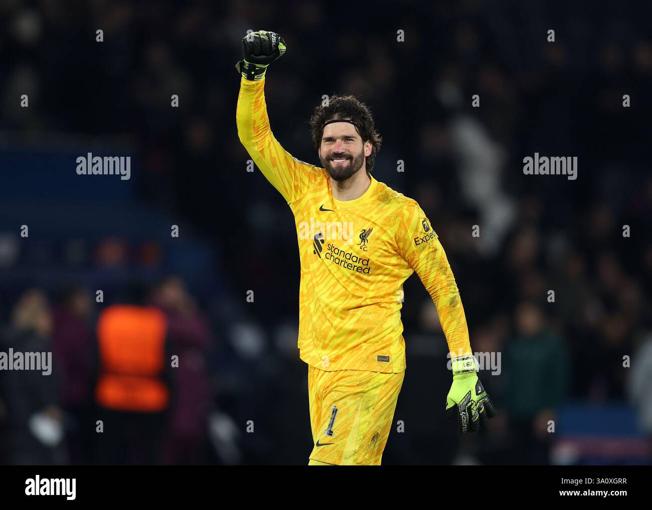 Paris, France. 5th Mar, 2025. Alisson Becker of Liverpool celebrates ...