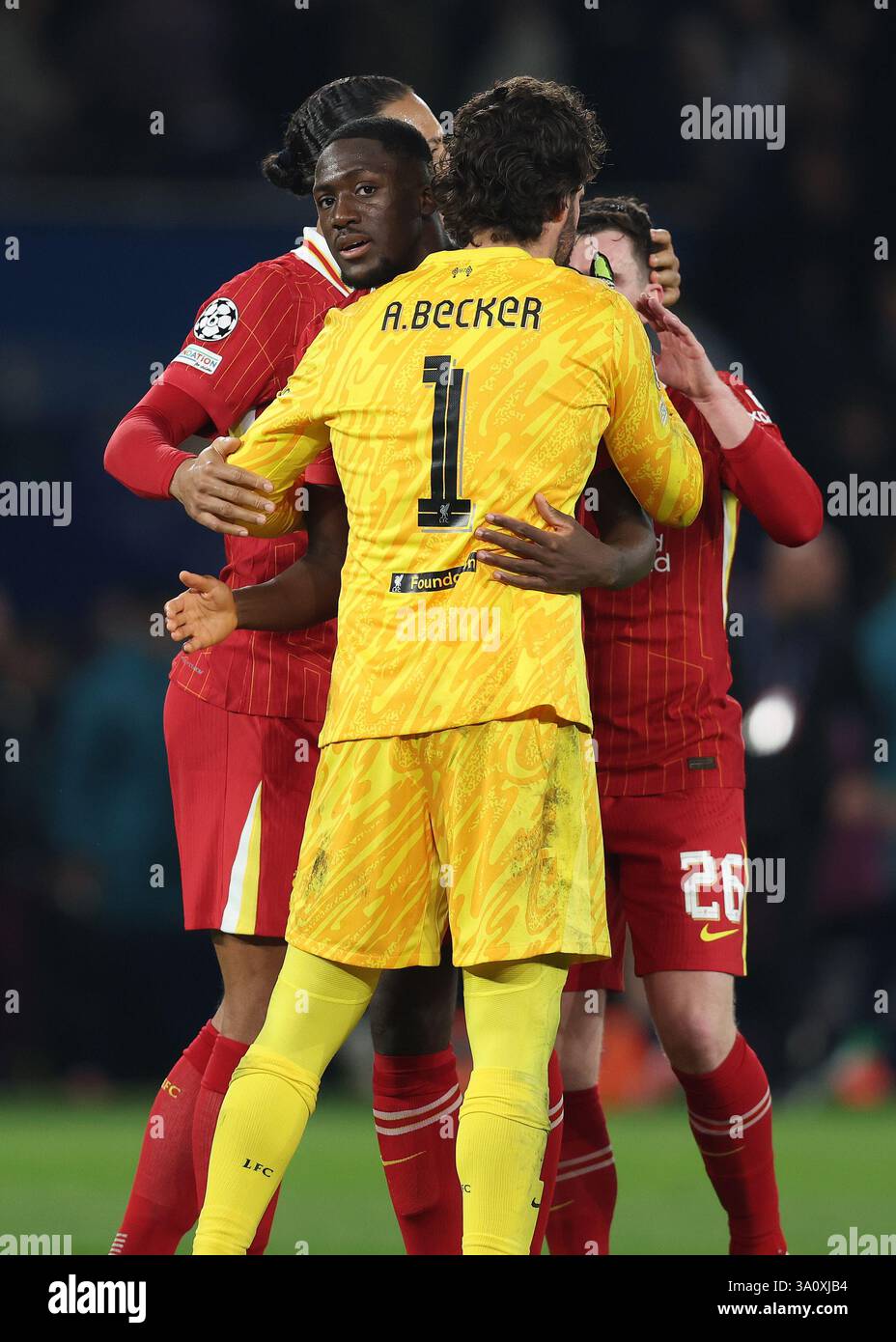 Paris, France, 5th March 2025. Alisson Becker of Liverpool celebrates ...