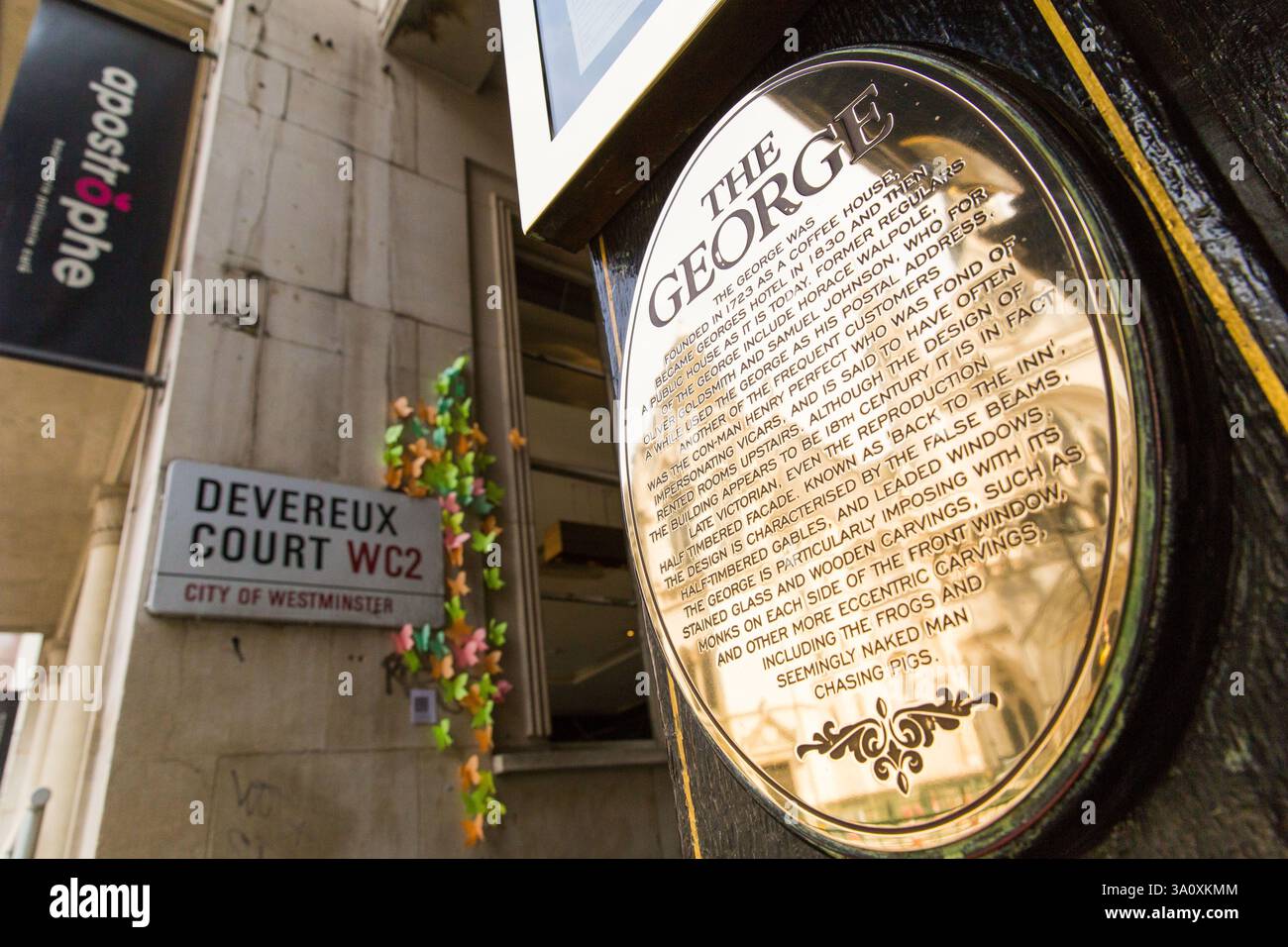 Plaque for The George, a pub in Devereux Court, WC2, London. Details ...