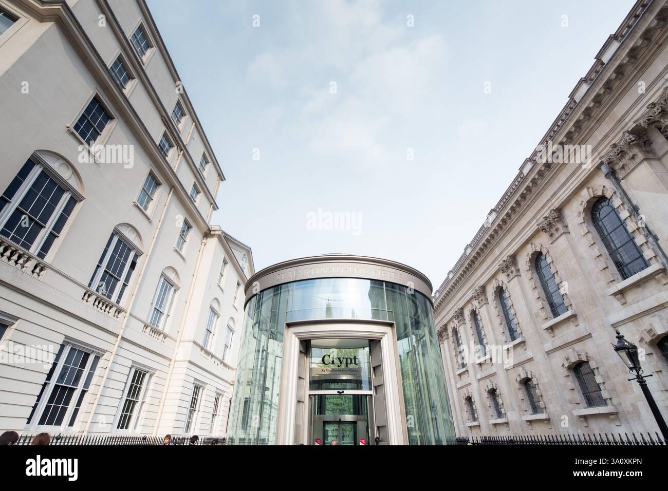 St. Martin-in-the-Fields Crypt entrance, London. Modern glass structure ...