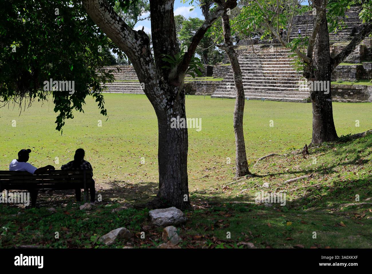 Visitors in Altun Ha the ruins of ancient Maya City.Rockstone Pond ...