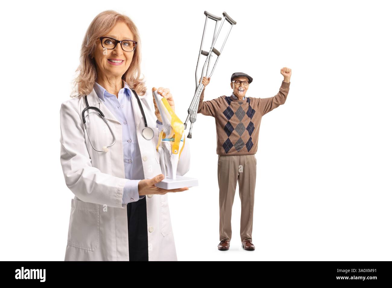 Happy elderly man recovering from knee replacement surgery isolated on ...