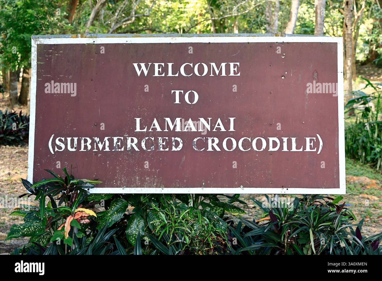 Welcome sign of Lamanai Archaeological Site by the entrance.Orange Walk ...
