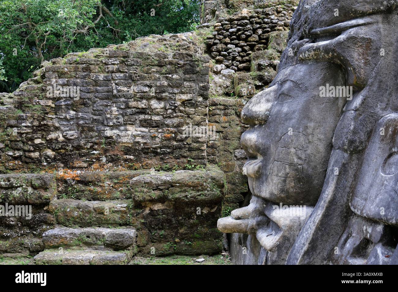 A closed up view of the mask of an ancient Mayan King on Mask Temple in ...