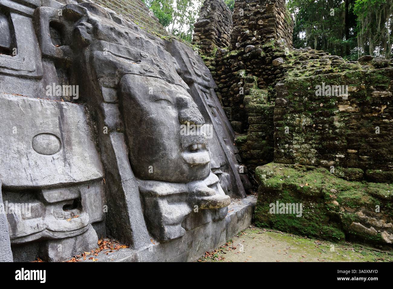 A closed up view of the mask of an ancient Mayan King on Mask Temple in ...