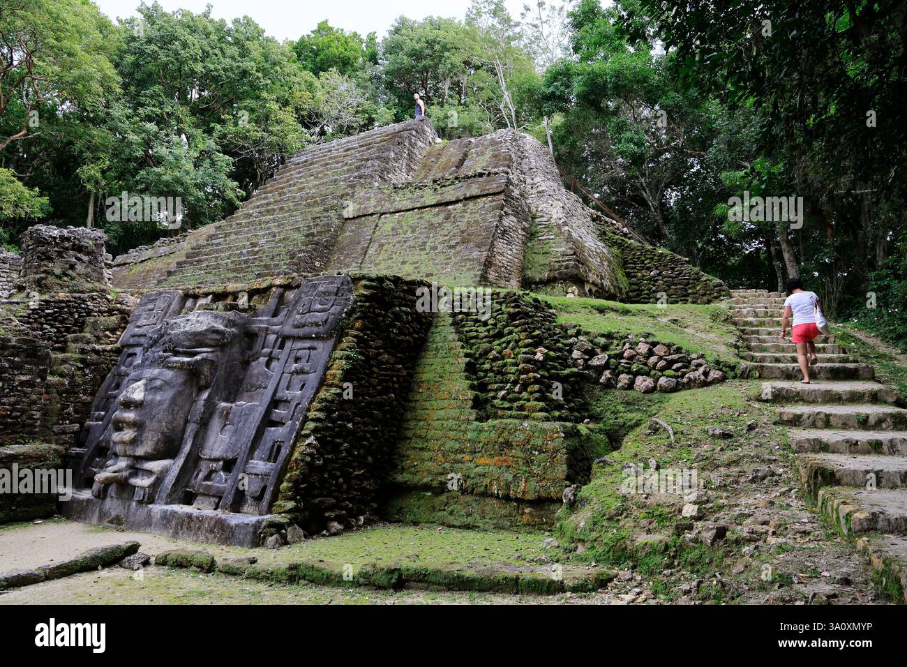 A female visitor walking up the Mask Temple in Mayan archaeological ...