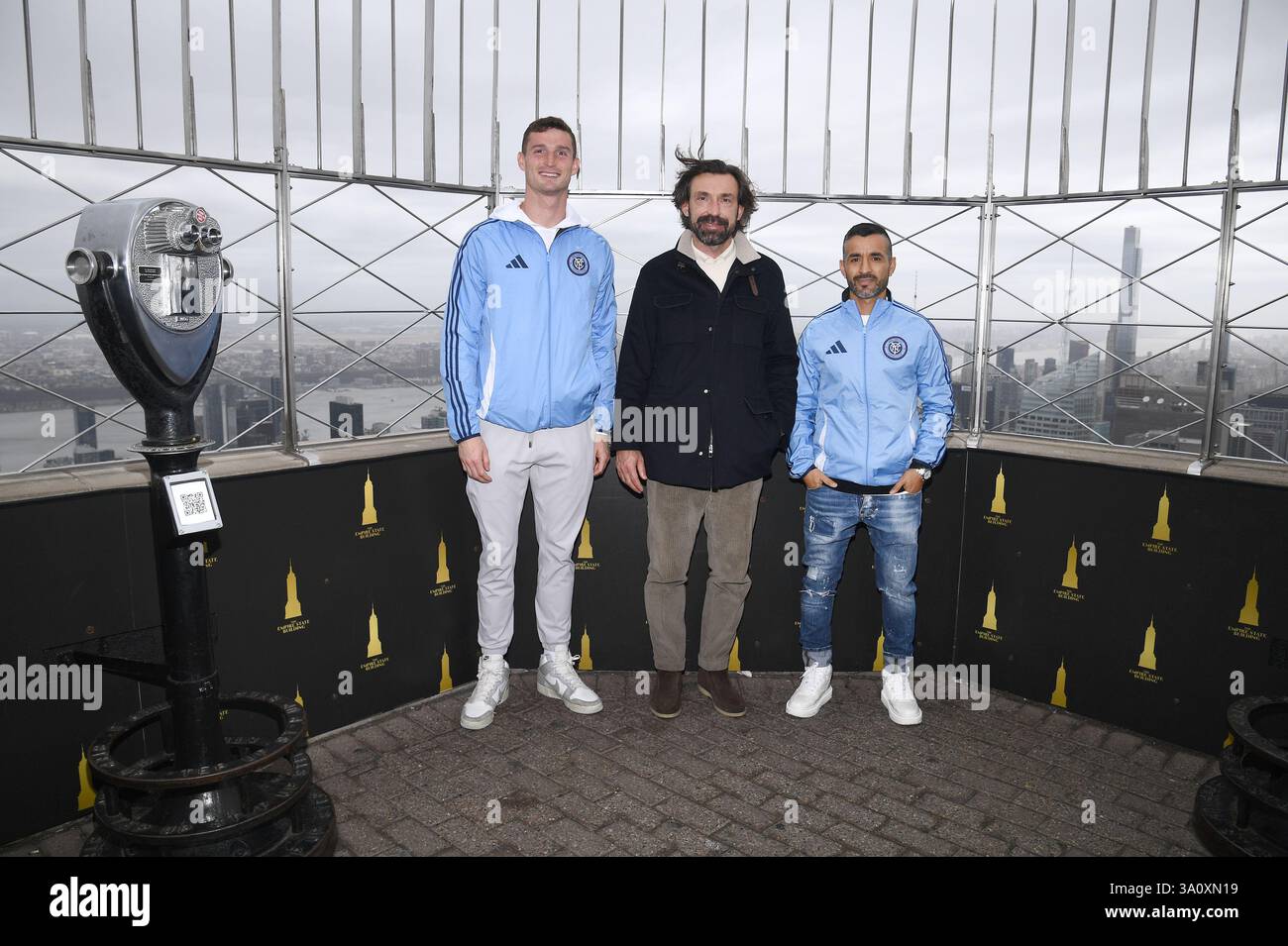 (L-R) Matt Freese, Andrea Pirlo and Maxi Moralez visit the Empire State ...