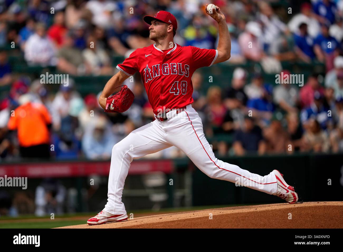 Los Angeles Angels pitcher Reid Detmers throws against the Los Angeles ...