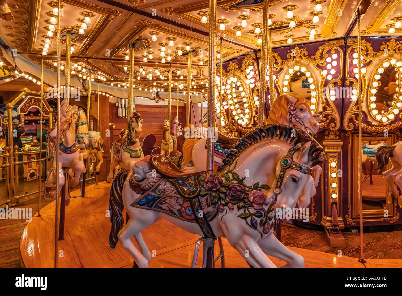 Carousel with horses at Miners Landing in Seattle, Washington State ...