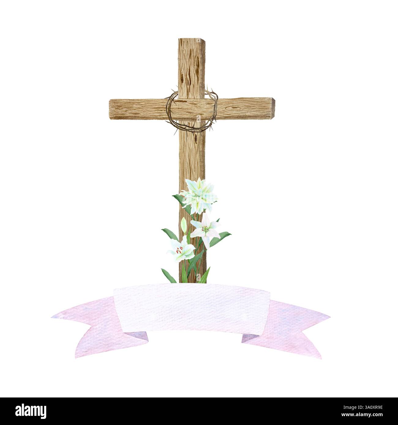 Wooden cross, crown of thorns and lily with empty banner watercolor ...