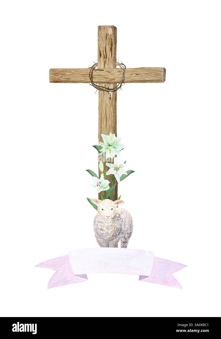 Wooden cross with crown of thorns, white lilies and a lamb watercolor composition isolated on ...
