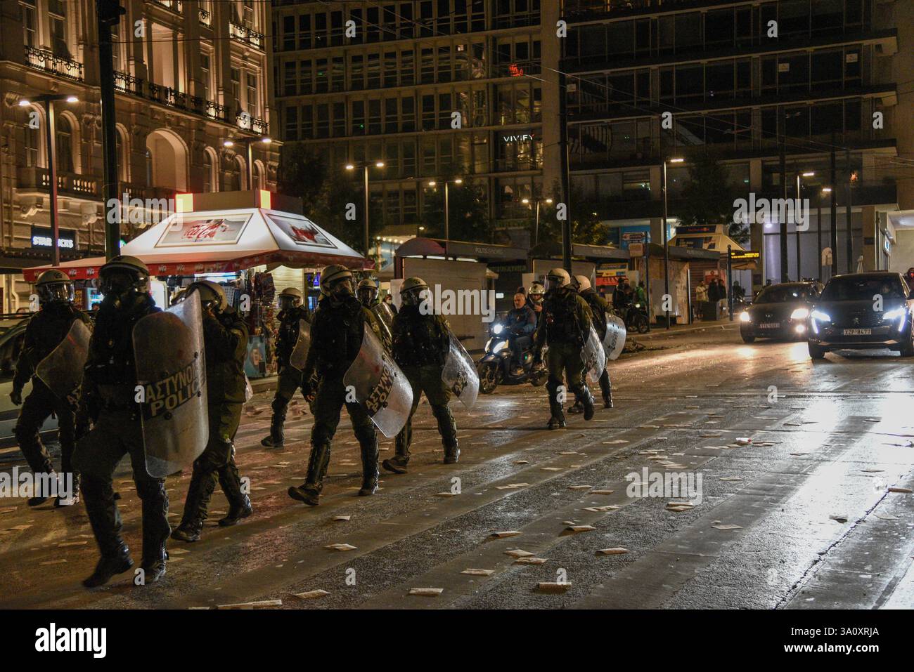 Athens, Greece, March 5, 2025. Riot police clashes with protestors ...
