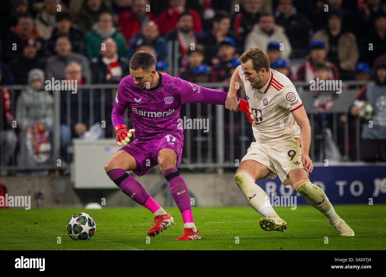 Munich, Germany. 05th Mar 2025. Matej Kovar (LEV) Harry Kane (FCB) FC Bayern München - Bayer ...