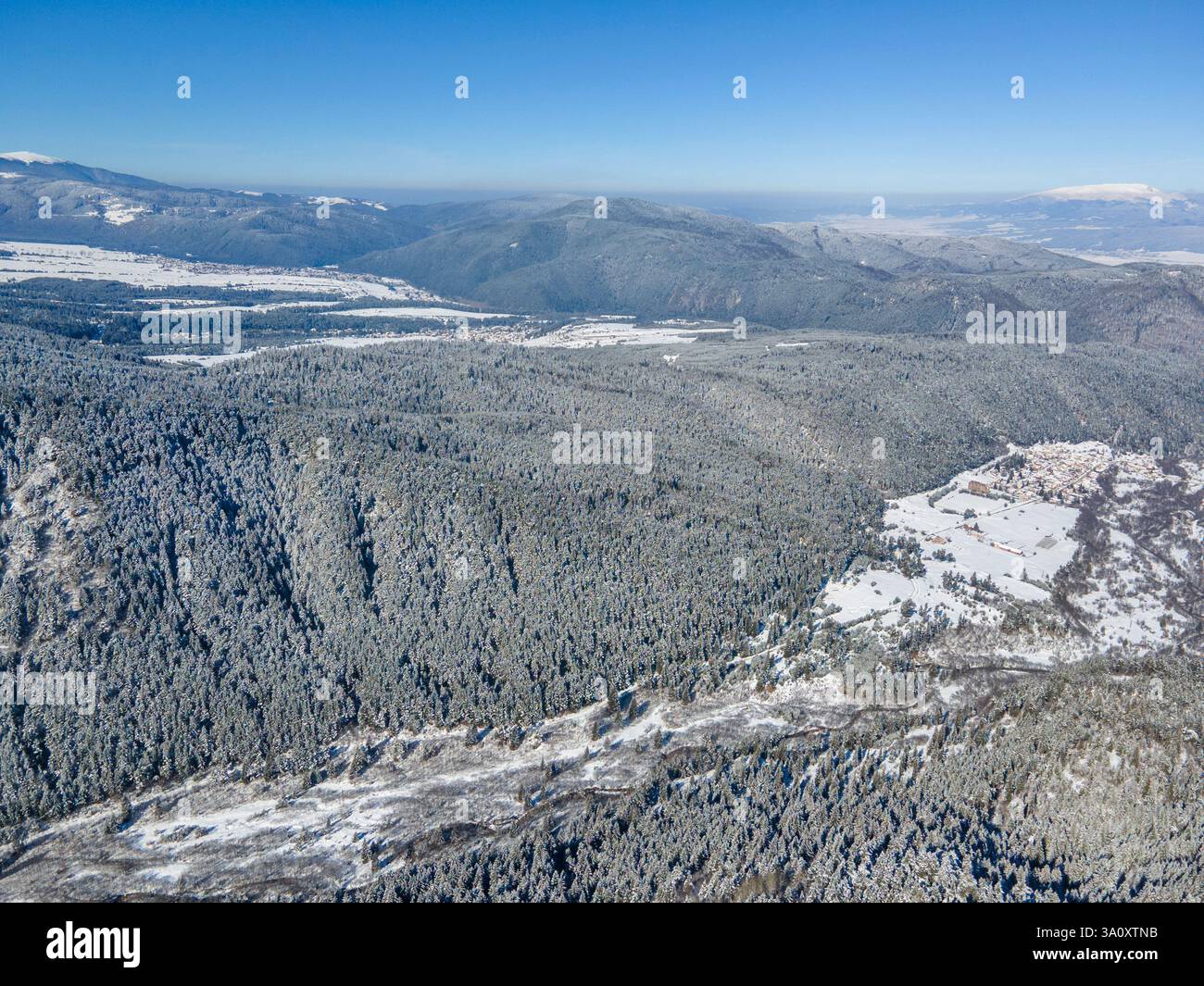 Aerial Winter view of Rila Mountain near Beli Iskar village, Sofia ...