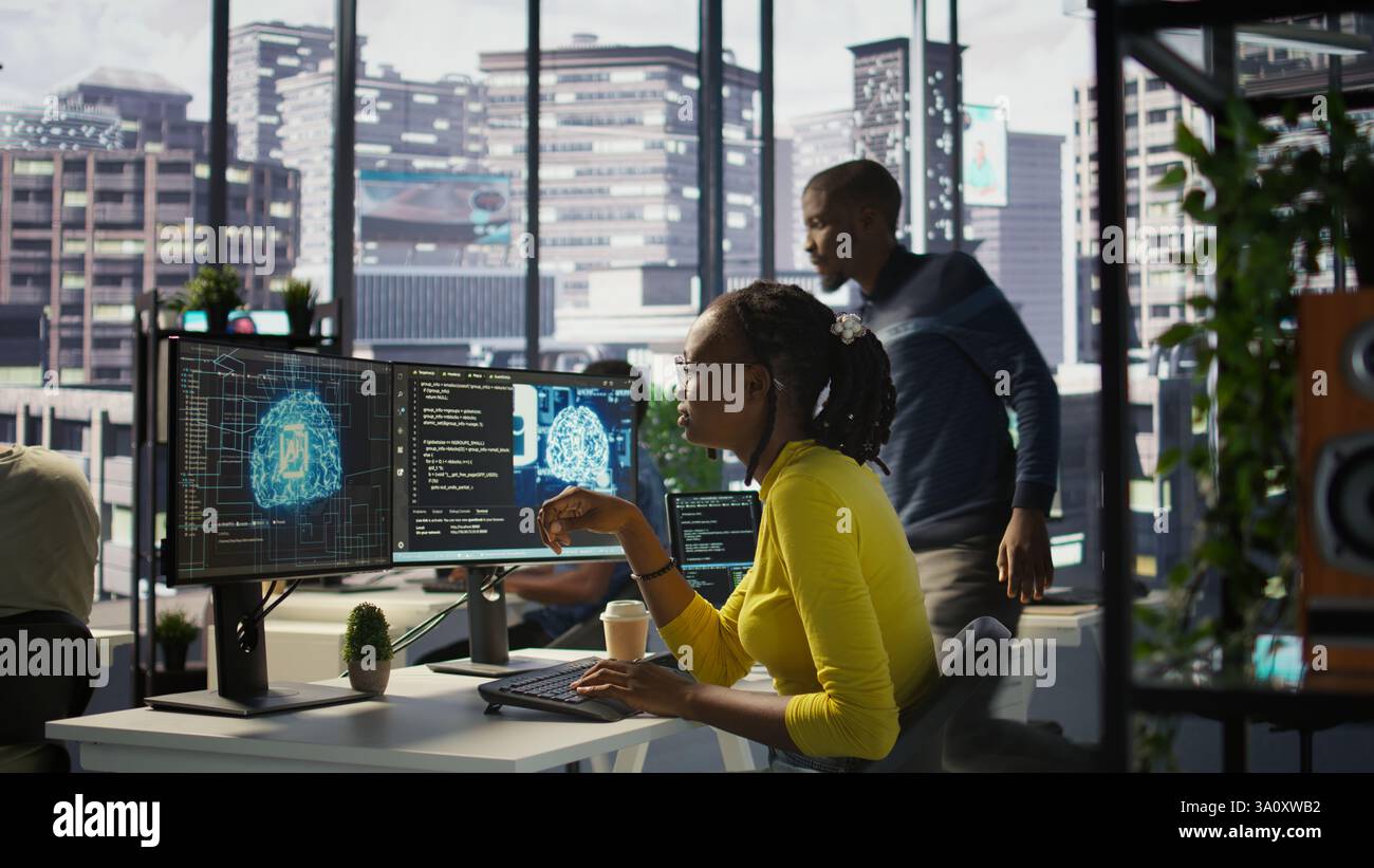 Software engineer conducts code review to fix bugs, identifying technical issues with artificial ...